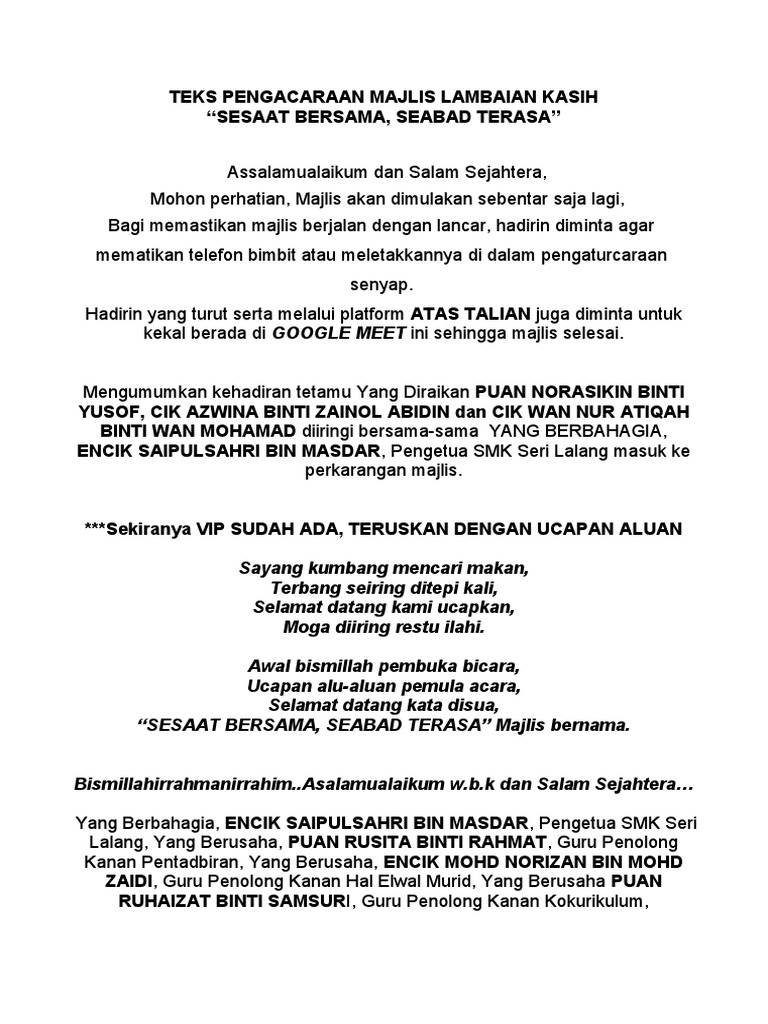 Teks Pengacaraan Majlis Lambaian Kasih | PDF