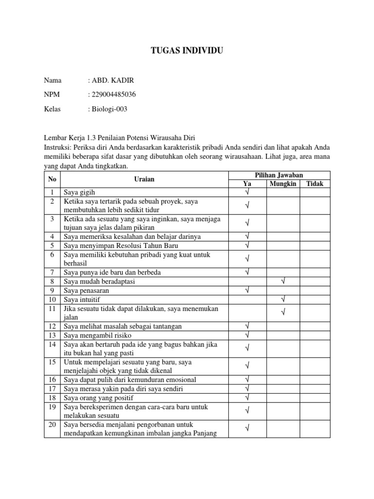 LK 1.3 Penilaian Potensi Wirausaha Diri | PDF