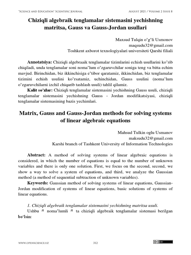 Chiziqli Algebraik Tenglamalar Sistemasini Yechishning Matritsa Gauss ...