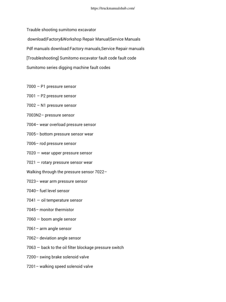 Sumitomo Excavator Troubleshooting Manual - Error Code List | PDF ...