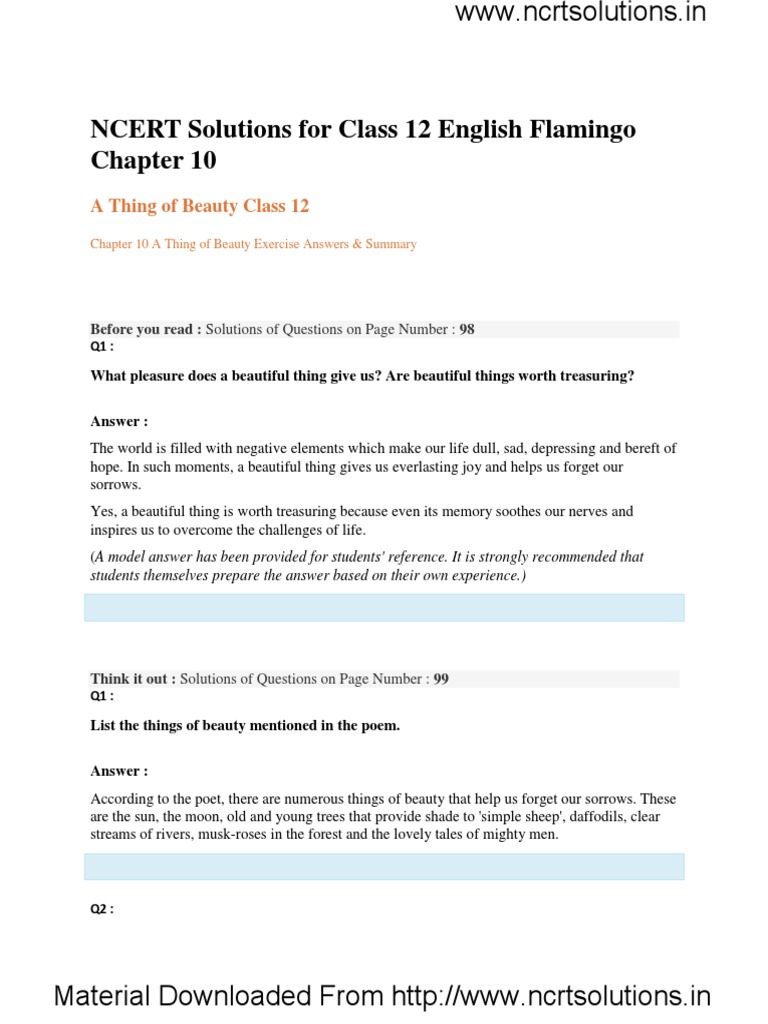 NCERT Solutions For Class 12 English Flamingo Chapter 10 PDF | PDF
