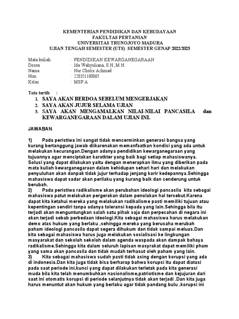UTS Pendidikan Kewarganegaraan | PDF