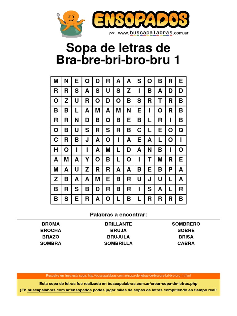 Sopa de Letras de Bra Bre Bri Bro Bru - 1 | PDF