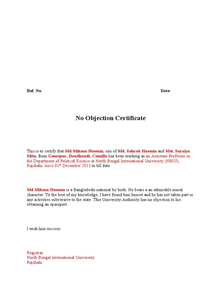 NOC Certificate for Md Mihsan Hossain | PDF
