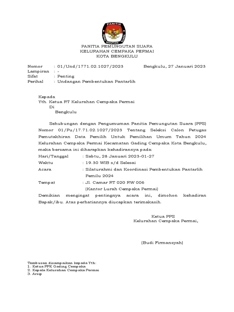 Undangan Pembentukan Pantarlih Pemilu 2024 | PDF