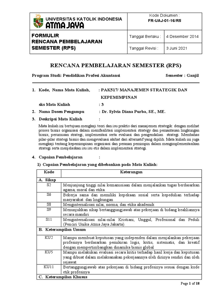 RPS - S1-R5 - Pak517 Manajemen Strategik Dan Kepemimpinan | PDF