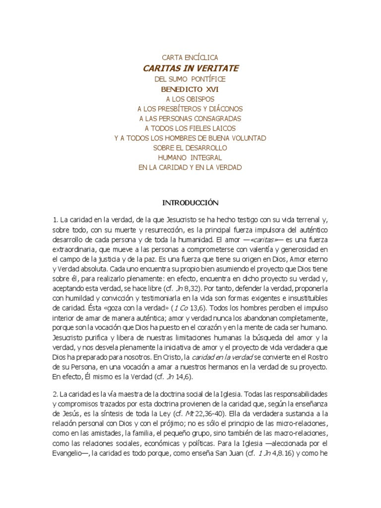 CARTA ENCÍCLICA Caritas in Veritate (29 de Junio de 2009) | PDF | Verdad | Doctrina social católica
