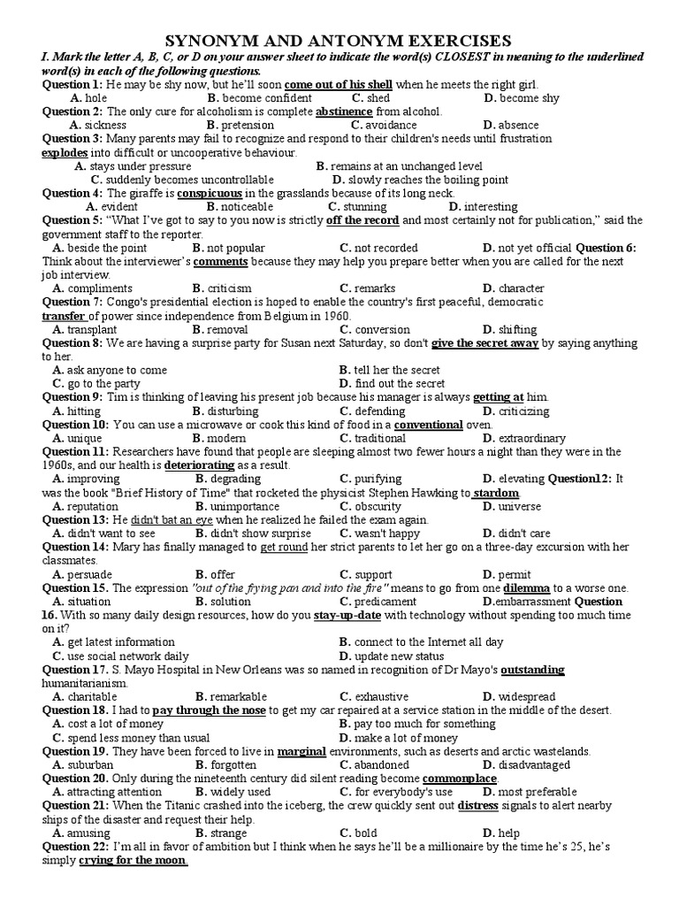 Synonym and Antonym Practice Exercises | PDF