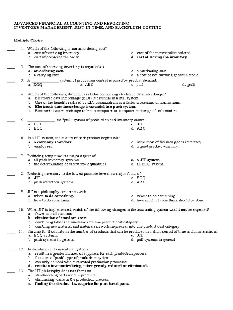 Inventory Management JIT and Backflush MC With Answer | PDF | Lean ...