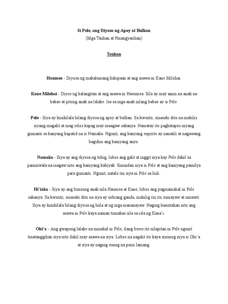 Si Pele, Ang Diyosa NG Apoy at Bulkan Mga Tauhan at Pinangyarihan | PDF