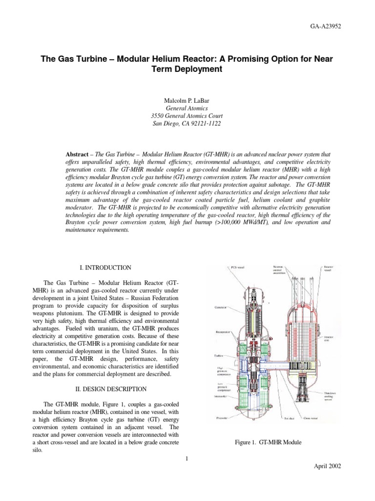 The Gas Turbine - Modular Helium Reactor A Promising Option For Near ...
