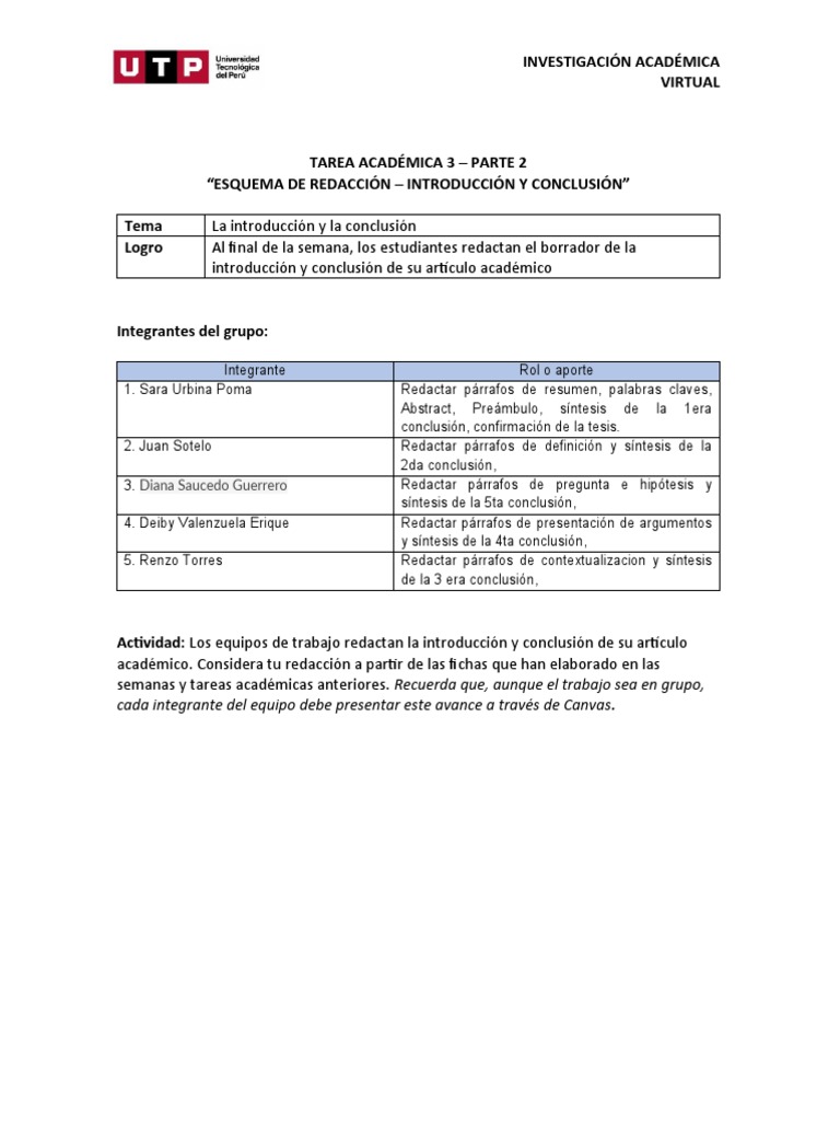 Semana 16 - Tarea Académica 3 - Parte 1 - Esquema de Redacción ... Semana 16 - Tarea Académica 3 - Parte 1 - Esquema de Redacción ...