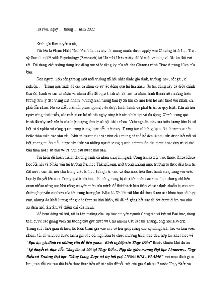 Motivation Letter Admission - Pham Nhat Thu | PDF