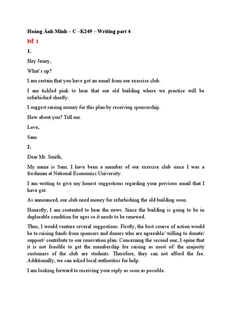 Hoàng Ánh Minh - C - K249 - Writing Part 4 | PDF | Sports & Recreation