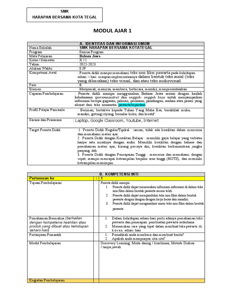 Modul Ajar BHS Jawa KLS X Sundang Intan | PDF