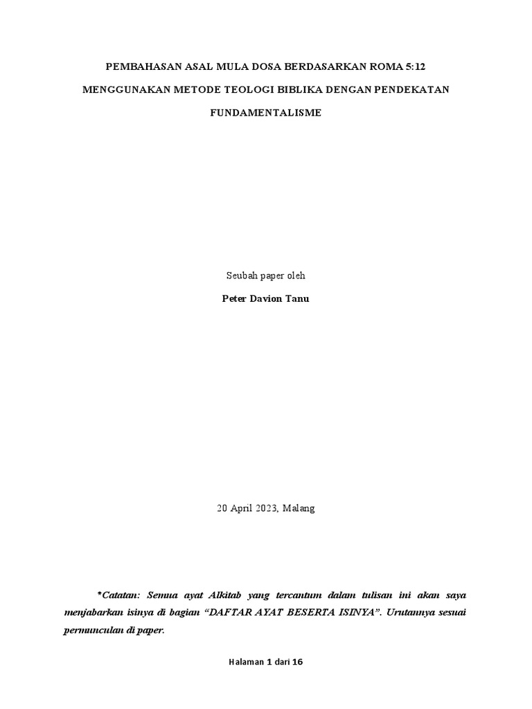Asal Mula Dosa Menurut Roma 5:12 | PDF