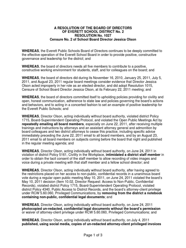 Resolution 1027, Censure No. 2 of Director Jessica Olson | PDF ...