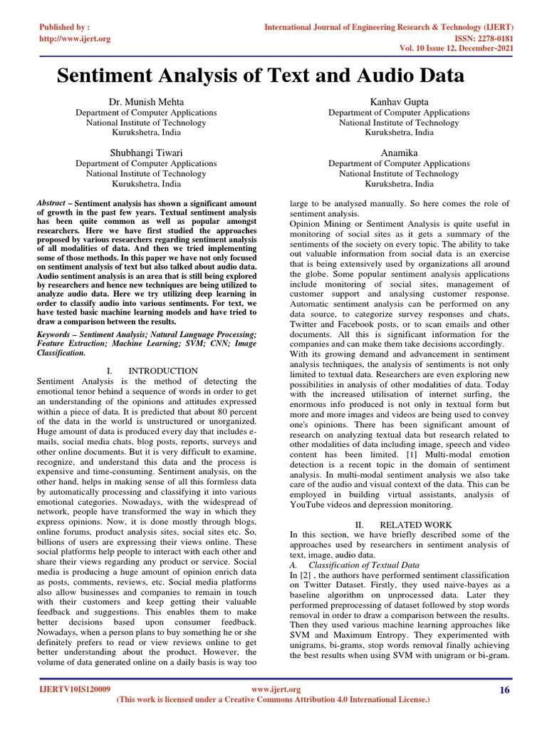 Sentiment Analysis Of Text And Audio Data Ijertv10is120009 Pdf Speech Recognition Machine 