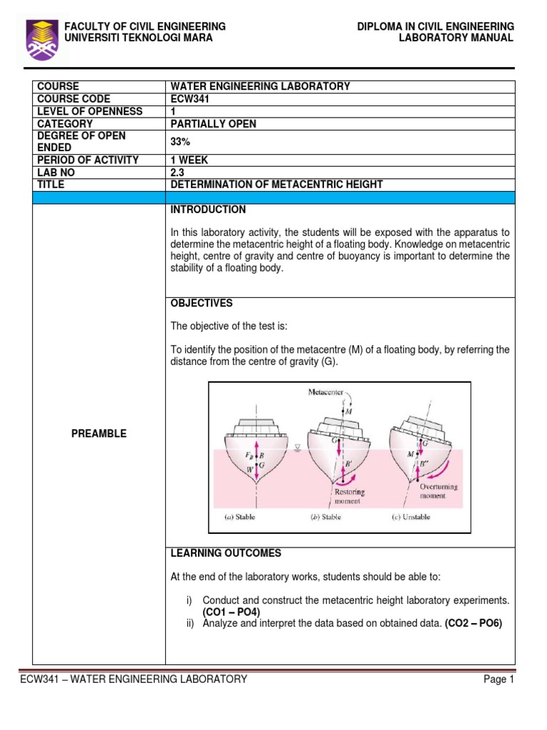Week 3 - Metacentric Height | PDF | Buoyancy | Mechanical Engineering