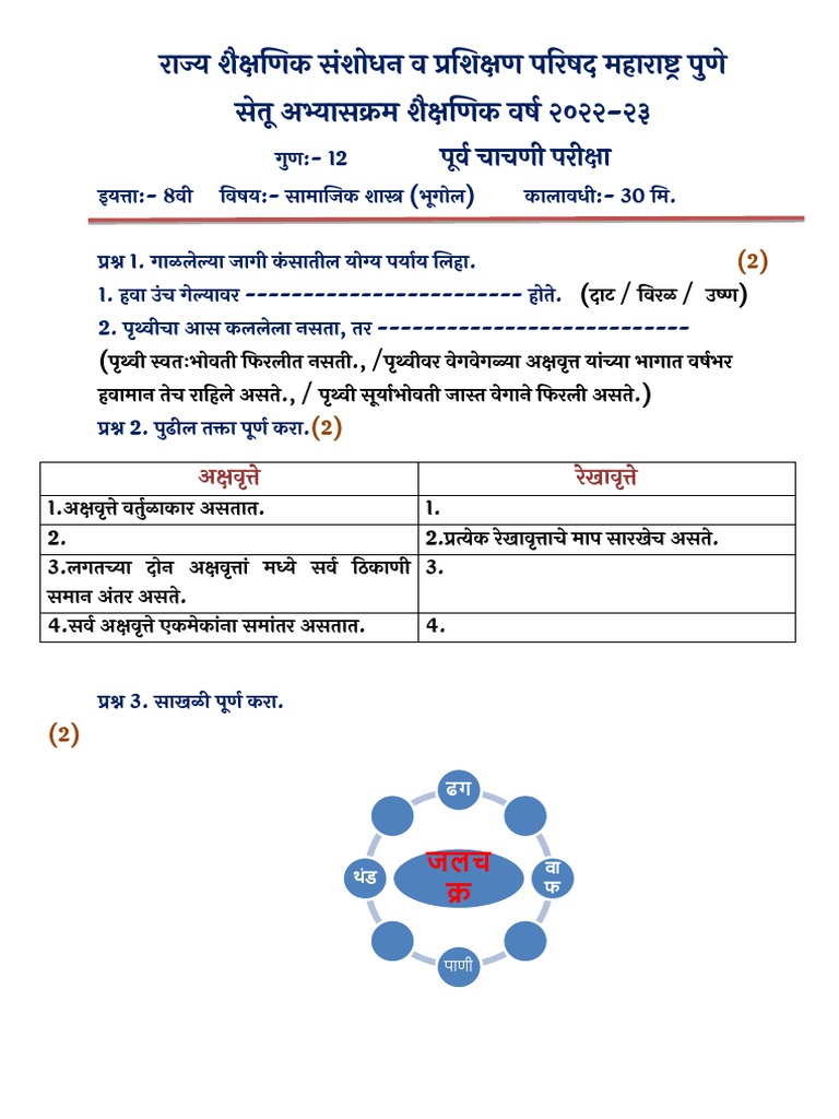 Pre Test STD 8 TH Social Science Geography Bridge Course | PDF