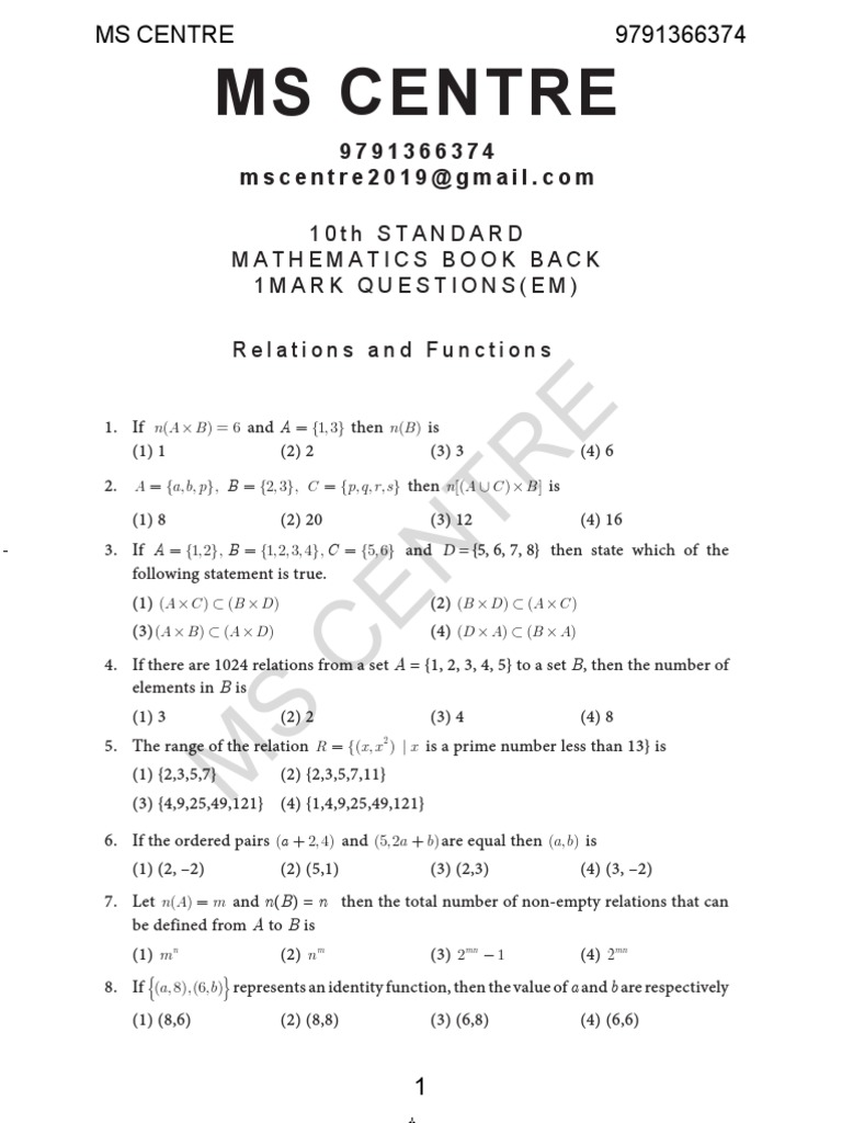 namma_kalvi_10th_maths_book_back_1_mark_questions_em_216250.pdf | PDF | Matrix (Mathematics ...