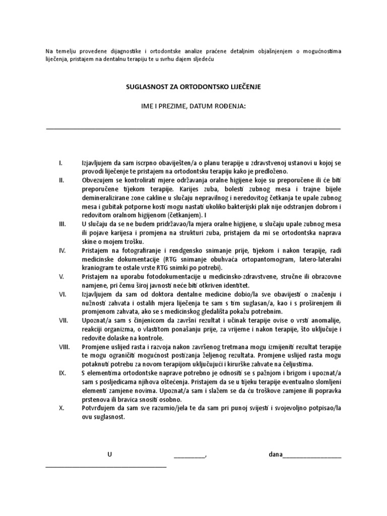 Suglasnost Ortodoncija | PDF