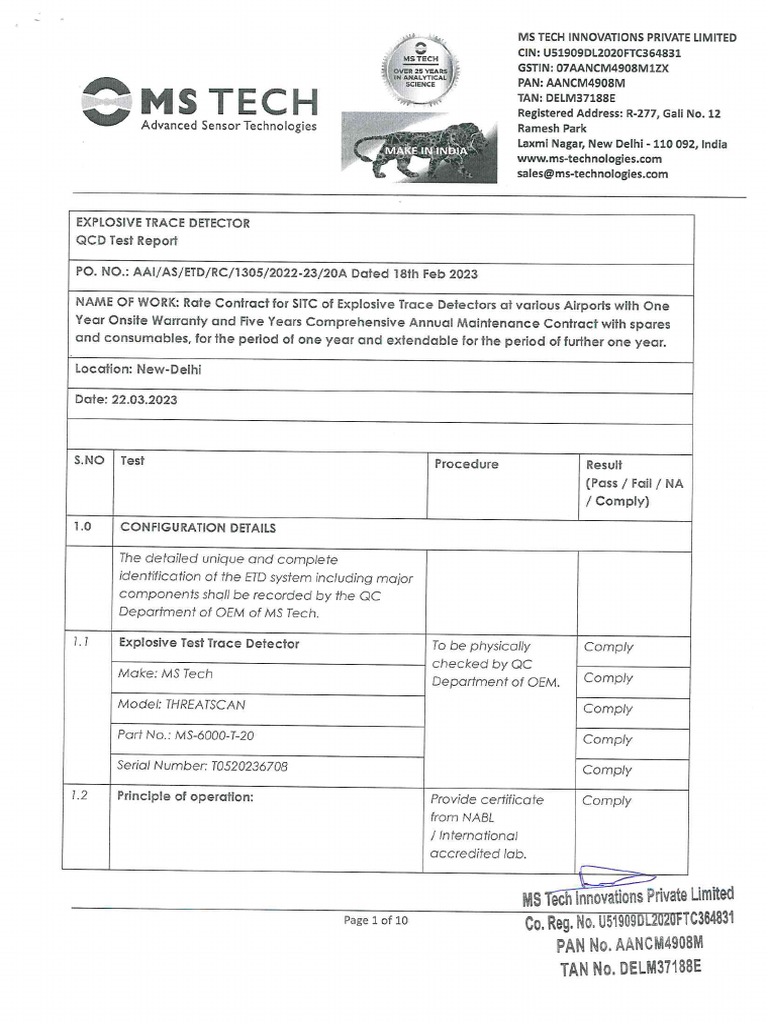 MS Tech Innovations Pvt. Ltd. - QCD Test Report - T0520236708 PDF | PDF