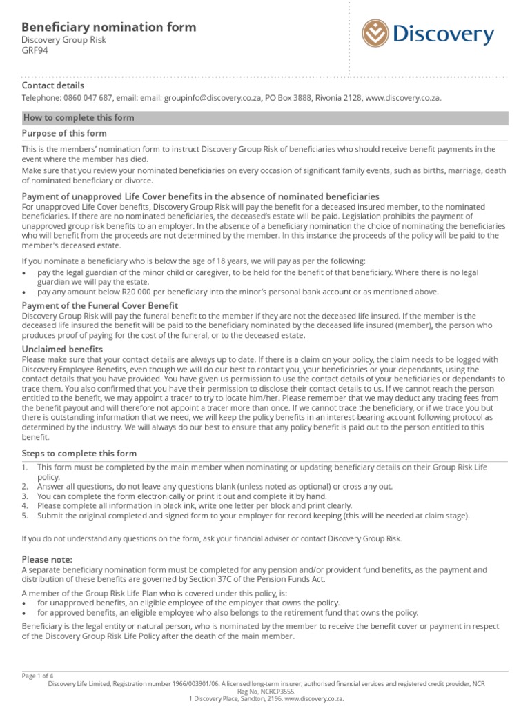 Discovery - Group - Risk and Funeral - Beneficiary - Nomination - Form ...