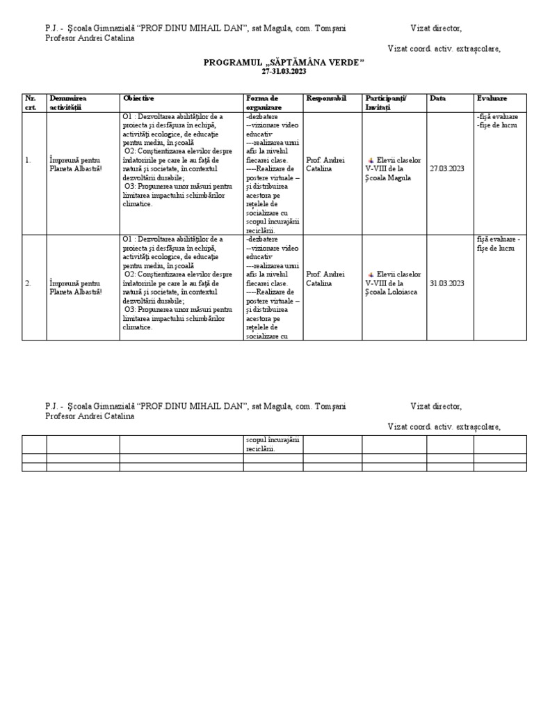 Planificare SAPTAMANA VERDE - ANDREI CATALINA | PDF