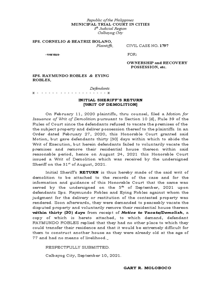 Intial Sheriff's Return of Writ of Demolition-Cornelio Bolano, Et Al ...