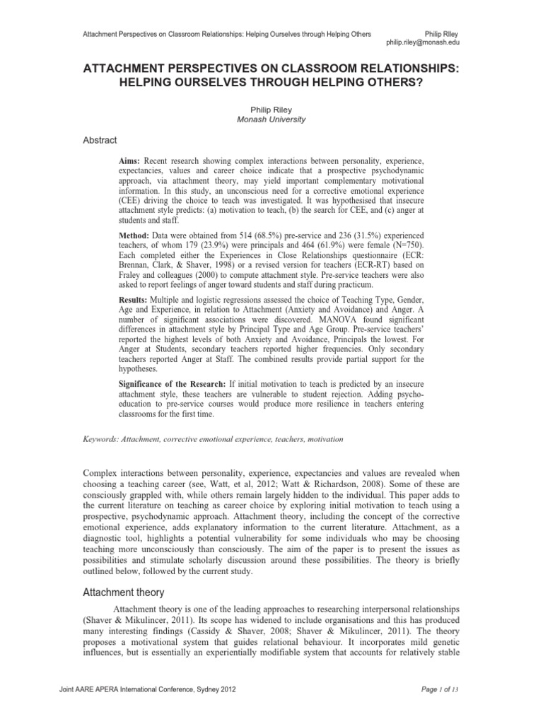 Attachment Perspectives On Classroom Relationships: Helping Ourselves ...