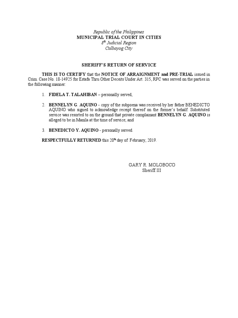 Sheriff's Return of Service-People vs. Fidela T. Talahiban | PDF