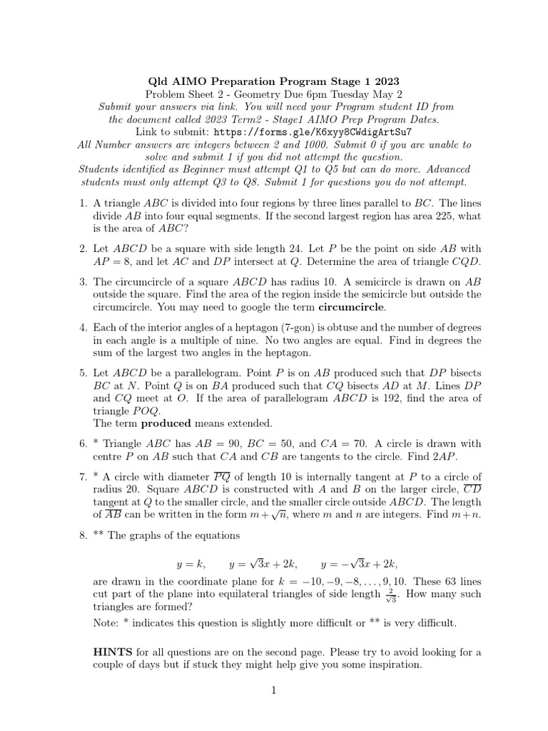 2023 AIMO Prepratory Program Problem Sheet 2 Geometry | PDF | Circle | Triangle