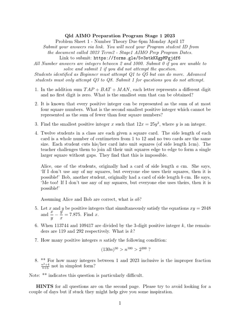2023 AIMO Prepratory Program Problem Sheet 1 Number Theory | PDF ...