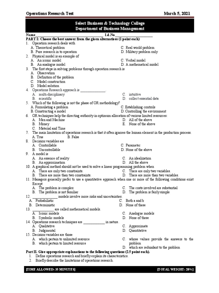 Operation Research Exam Pdf Operations Research Mathematical Model