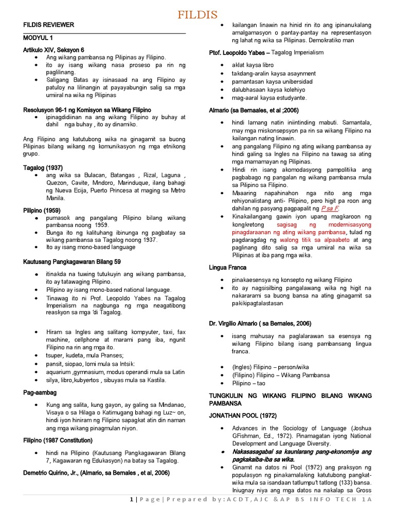 FILDIS REVIEWER MIDTERM 2nd Sem | PDF