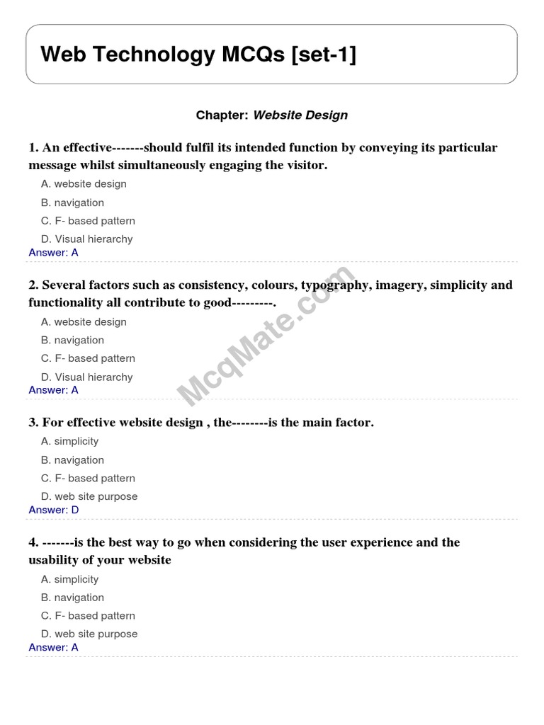 Web Technology (Chapter - Website Design) Solved MCQs (Set-1) PDF | PDF ... Web Technology (Chapter - Website Design) Solved MCQs (Set-1) PDF | PDF ...