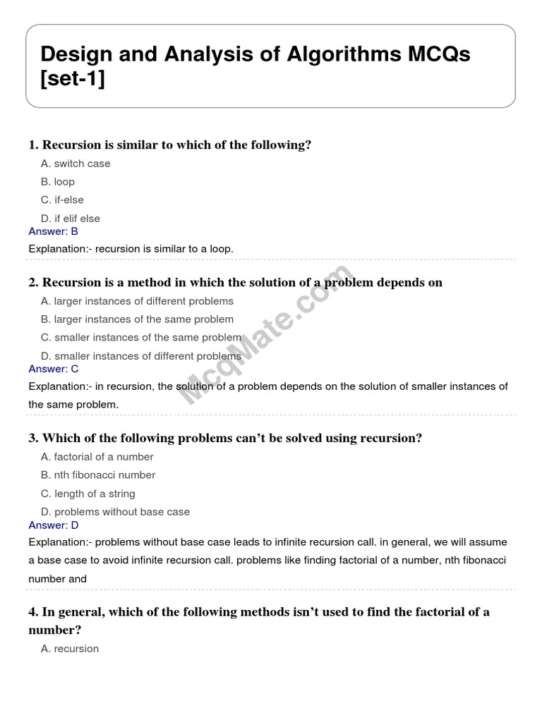 Design and Analysis of Algorithms Solved MCQs (Set-1) PDF | PDF | Mathematics | Discrete Mathematics