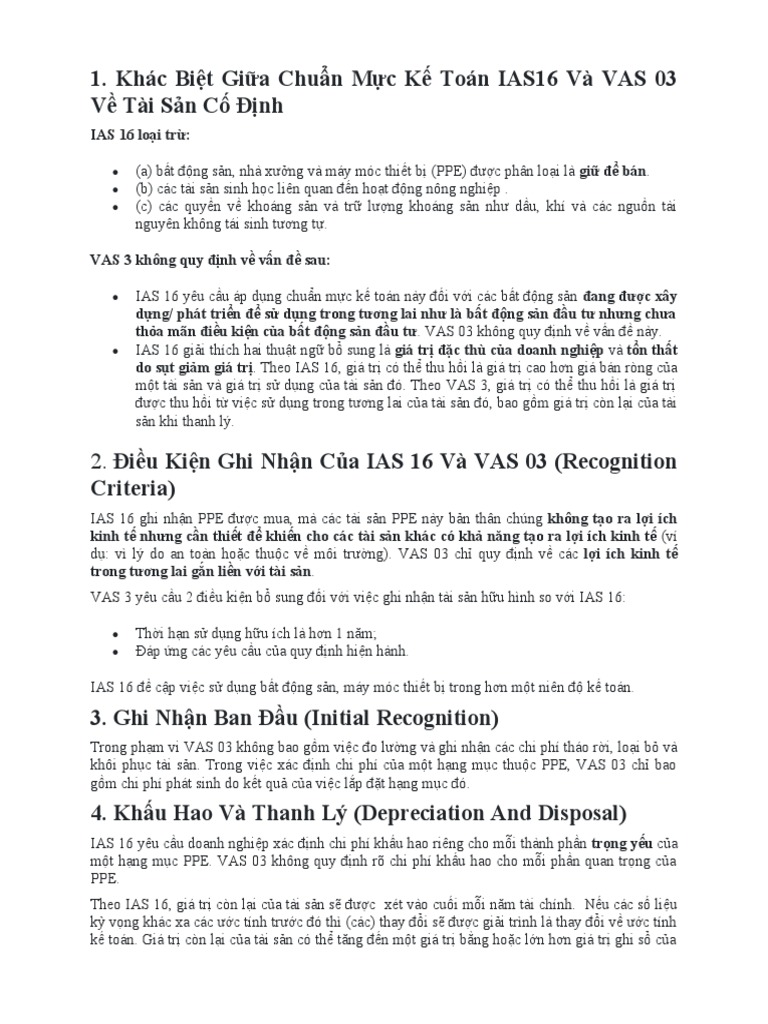 1. Khác Biệt Giữa Chuẩn Mực Kế Toán IAS16 Và VAS 03 Về Tài Sản Cố Định | PDF