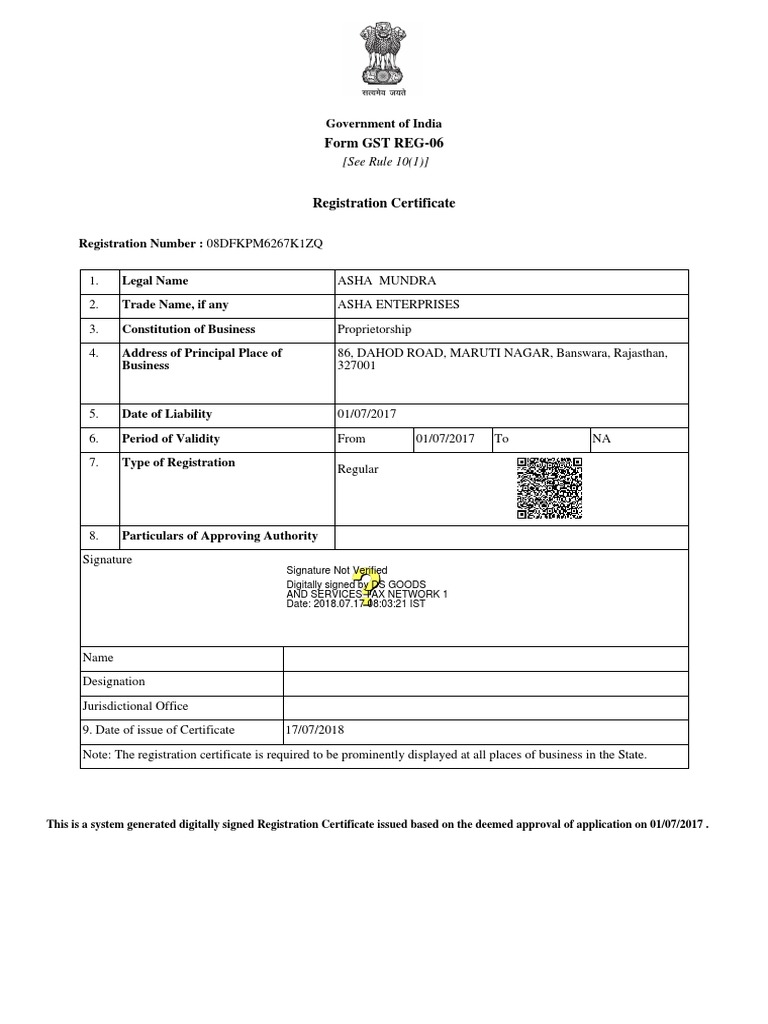 Asha Enterprises GST Certificate | PDF