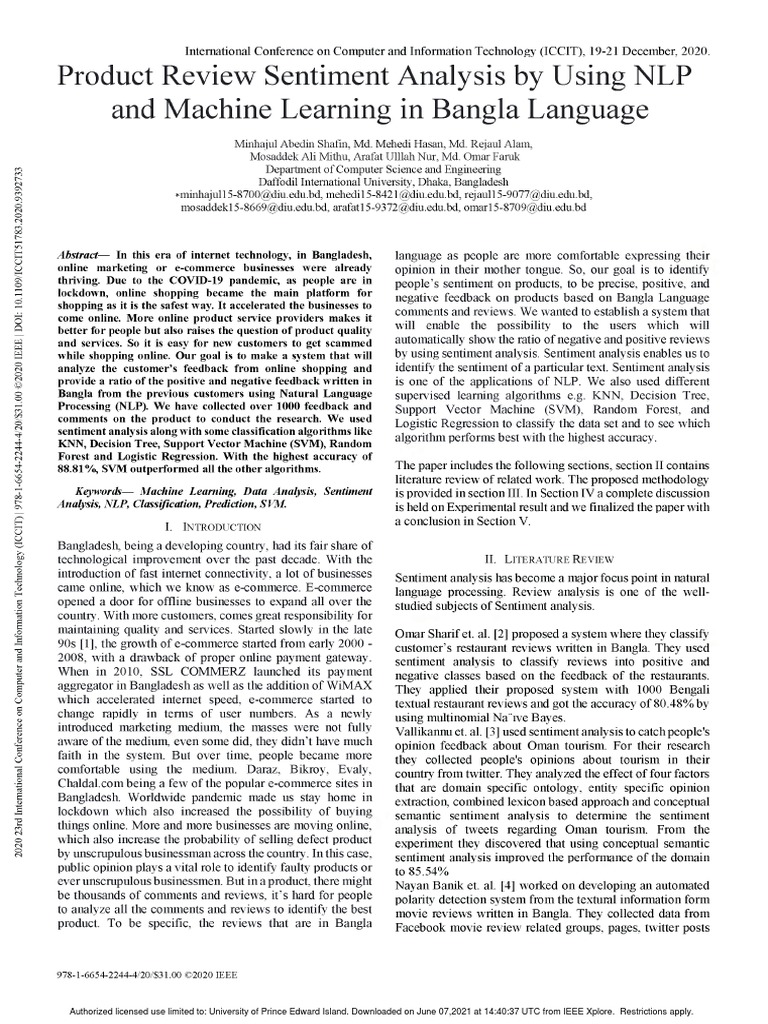 41 - Product Review Sentiment Analysis by Using NLP and Machine Learning in Bangla Language | PDF