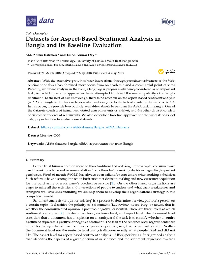 37 Datasets For Aspect Based Sentiment Analysis In Bangla And Its Baseline Evaluation Pdf