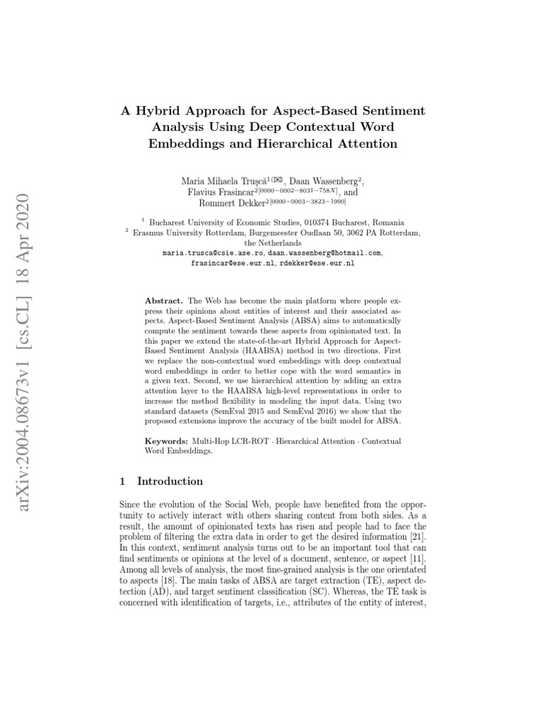 15a Hybrid Approach For Aspect Based Sentiment Analysis Using Deep Contextual Word Embeddings