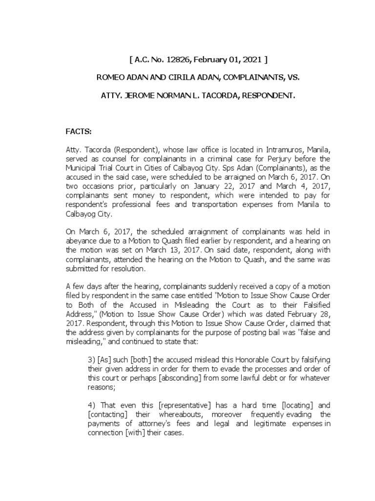 27. Case Digest_Adan vs. Tacorda | PDF | Lawyer | Perjury