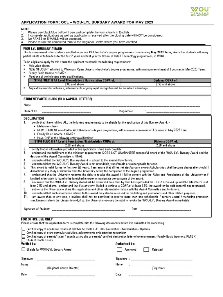 OCL WOU LYL Bursary Award - May 2023 Application Form - v1 | PDF