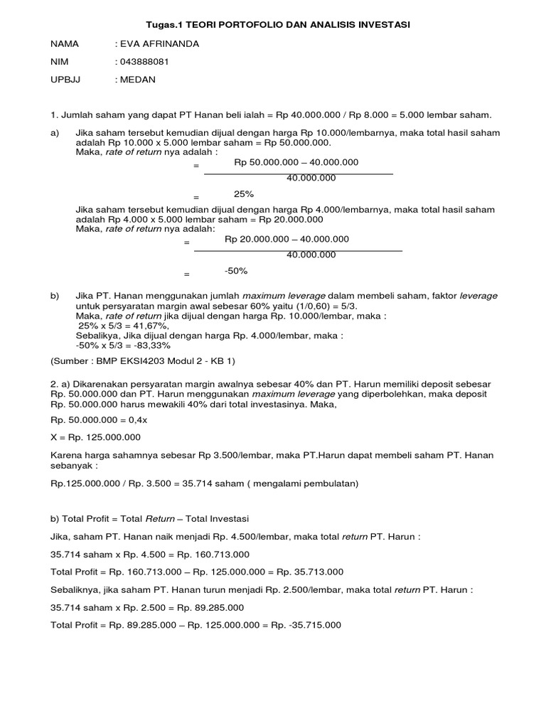 TUGAS 1 (SESI 3)_043888081_EVA AFRINANDA_TEORI PORTOFOLIO DAN ANALISIS INVESTASI | PDF
