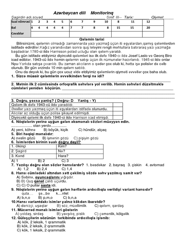 3 Sinif Monitorinq | PDF