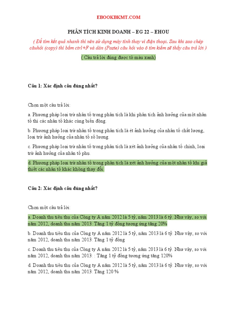80 Câu Đáp Án Môn PHÂN TÍCH KINH DOANH EG22 EHOU | PDF