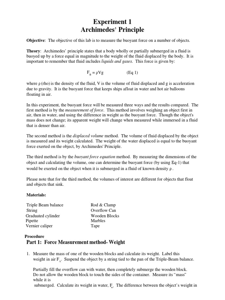 Archimedes' Principle: Buoyant Force Lab | PDF | Buoyancy | Mechanical Engineering