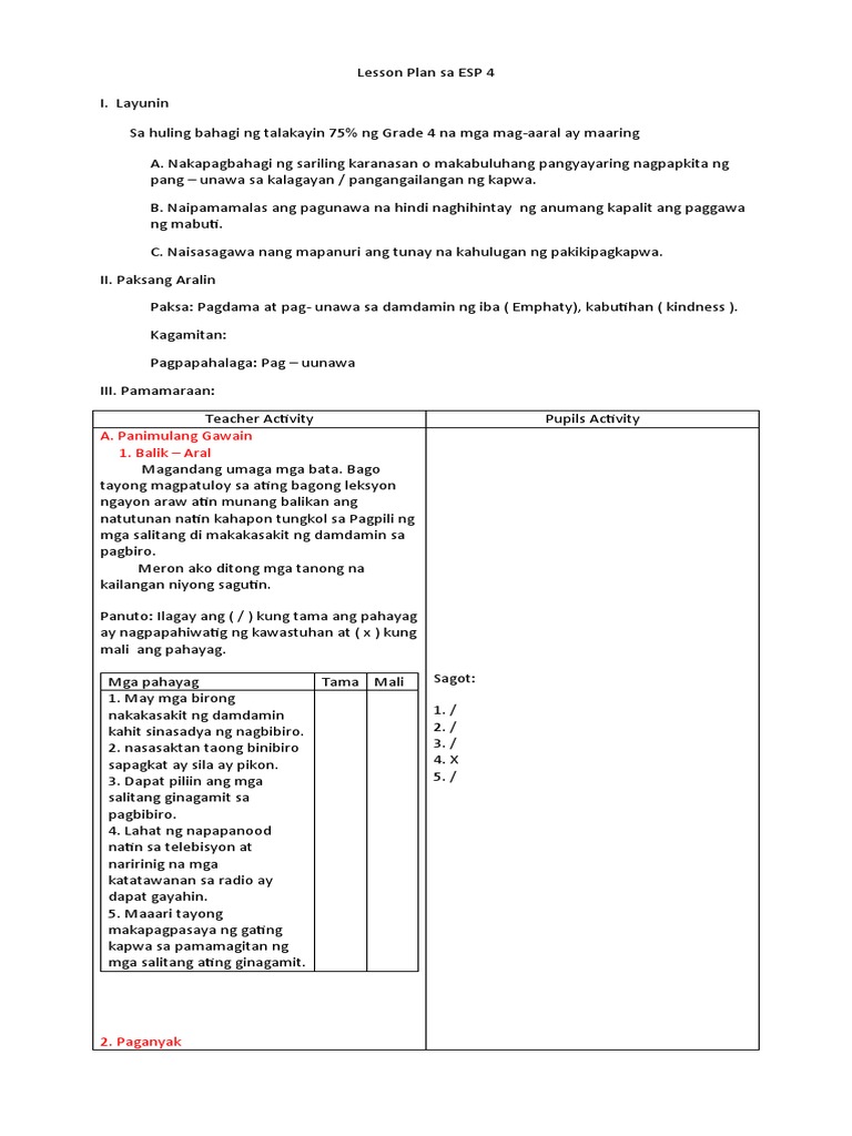 Lesson Plan Sa ESP 4 | PDF